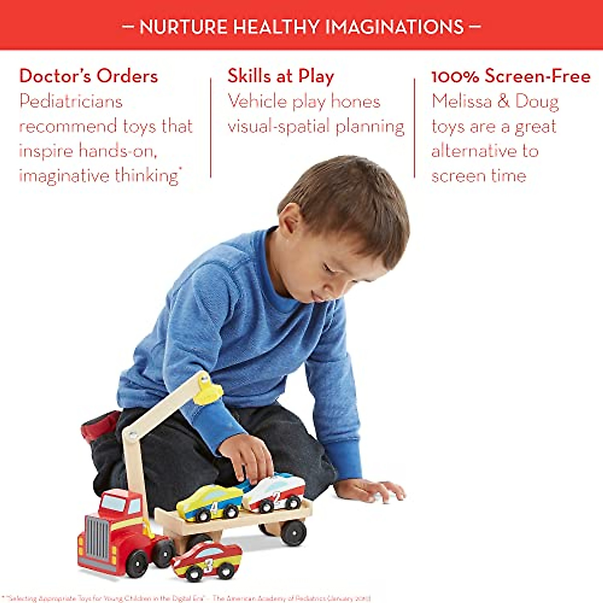 Melissa & Doug Magnetic Car Loader Wooden Toy Set With 4 Cars and 1 Semi-Trailer Truck - Crane Wooden Toy, Vehicle Toys For Kids Ages 3+