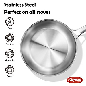 12 inch Tri-Ply Stainless Steel Pan,PFOA&PTFE Free Skillets,Chef's Pans,Dishwasher and Oven Safe Cookware, Works on Induction,Ceramic and Gas Cooktops