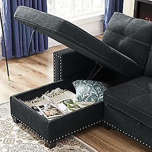 Ucloveria Reversible Sectional Sofa Couch, Sleeper Sofa Bed with Storage Chaise Pull Out Couch Bed for Living Room L-Shape Lounge 2 in 1 Sectional Couch with Pull Out Bed Black