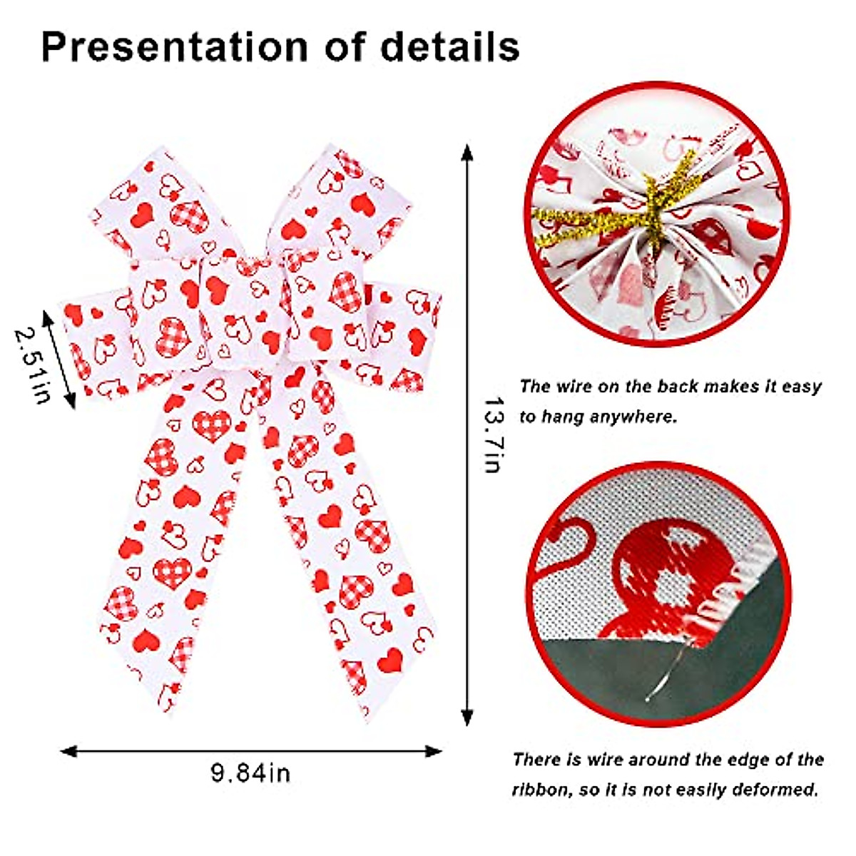 Hying 2 PCS Valentine's Day Bows for Wreath, Valentines Wreath Bows Red Heart Bows Holiday White Burlap Gift Bow for Front Door Valentines Decorations Birthday Wedding Party Supplies