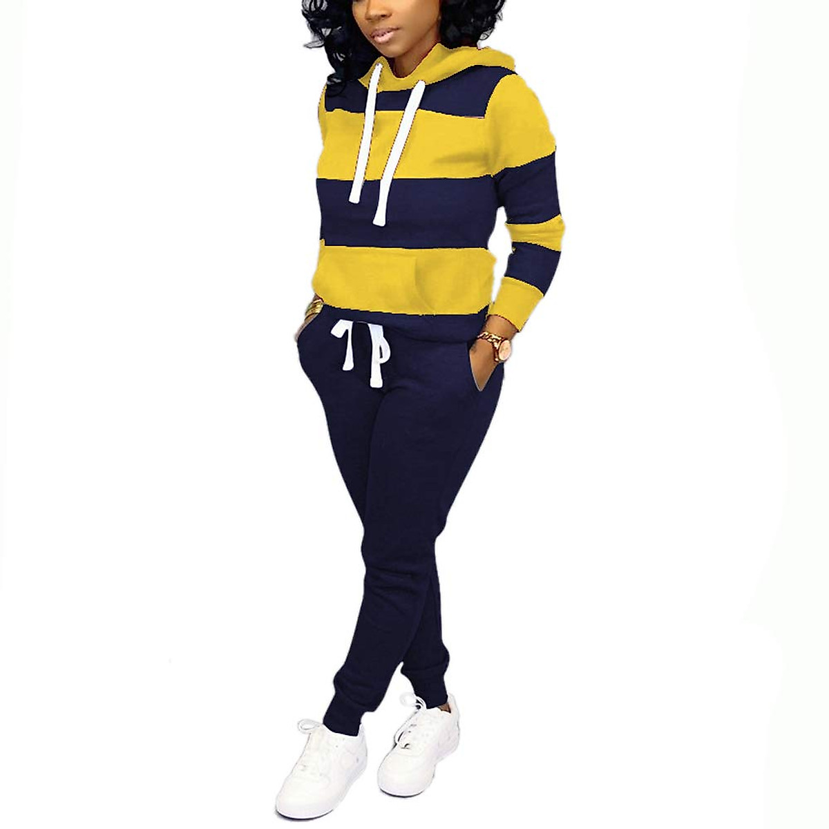 Nimsruc Womens 2 Piece Tracksuit Long Sleeve Casual Patchwork Hooded Collar Pants Set Yellow XXL