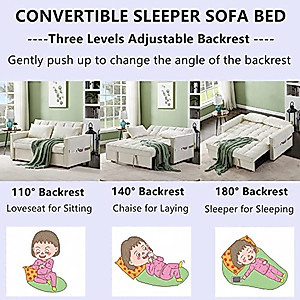 Infirleo Pull Out Sofa Sleeper, 3-in-1 Convertible Sleeper Sofa Bed for Living Room Apartment, 58" Velvet Sleeper Loveseat Pull Out Bed, Adjustable Backrest, 2 Pillows and Side Pockets (Beige)