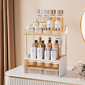 Delamu 2-Tier 2-Drawer Bathroom Organizer Countertop, Multi-Purpose Makeup Organizer Countertop, Large Skincare Organizers, Exquisite Vanity Organizer, Amber