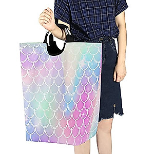 Cute Ocean Mermaid Large Laundry Hamper, Fish Scales Laundry Baskets with Handle, Durable Oxford Storage Basket, Portable Folding Clothes Hamper for Nursery, College Dorm, Bedroon, Bathroom