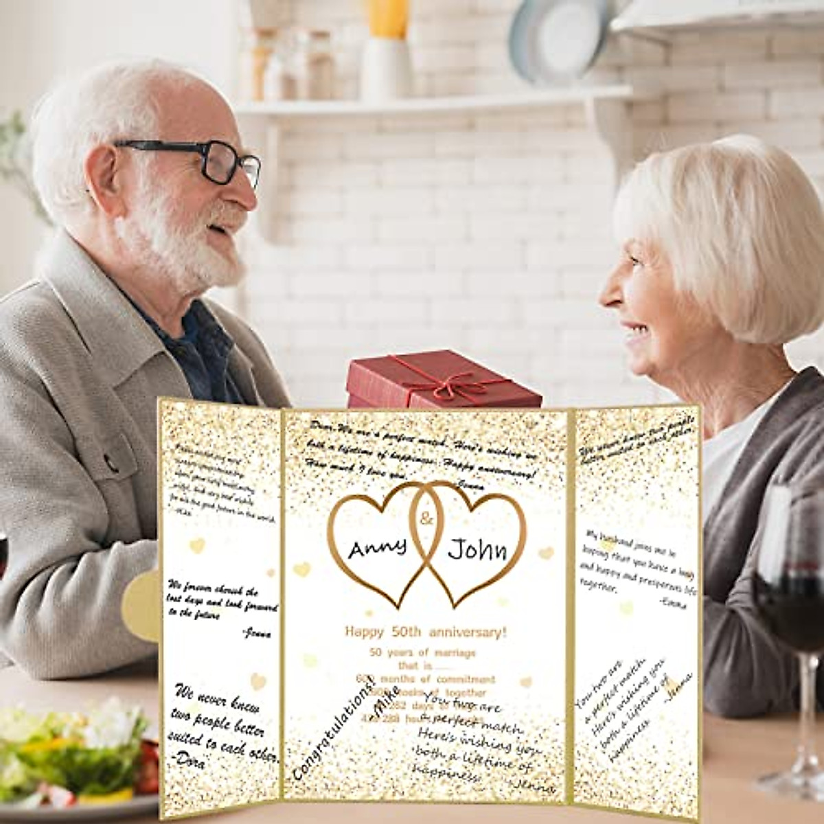 Trgowaul Gold 50th Wedding Anniversary Guest Book Alternative, 50th Anniversary Decorations, 50 Years of Marriage Signature Certificate Board, Happy 50 Anniversary Party Supplies Gift Card Men Women