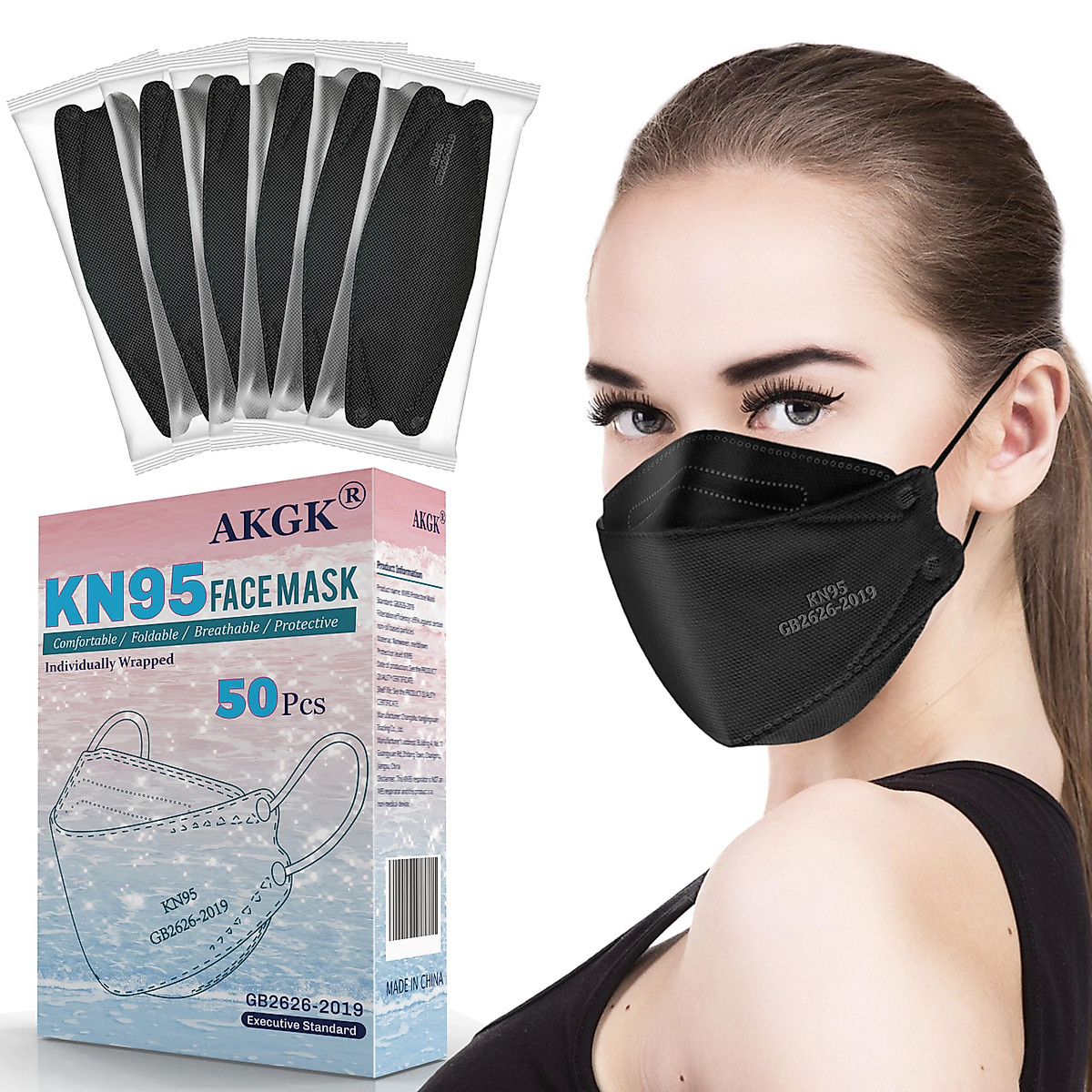akgk KN95 Face Masks 50 Pack, Individually Wrapped, 5-Ply Disposable Black Face Mask Against PM 2.5 Smoke and Dust