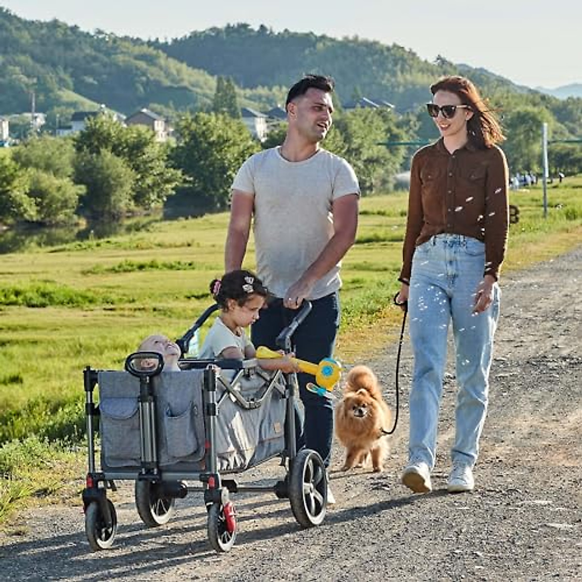 Busy Bee Foldable Wagon Stroller for 2 Kids, Push Pull Collapsible Kids Wagon with Adjustable Handle Bar, Removable Canopy, 5-Point Harness, Shock-Absorbing Wheels, Grey