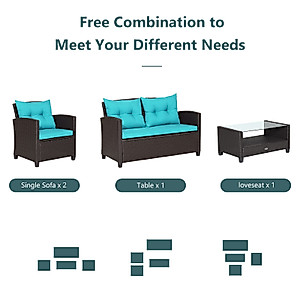 Tangkula 4-Piece Patio Furniture Set, Rattan Wicker Chair Set with 1 Loveseat, 2 Single Sofas, 1 Coffee Table with Tempered Glass Top, Outdoor Furniture Sets for Backyard, Porch, Garden and Poolside