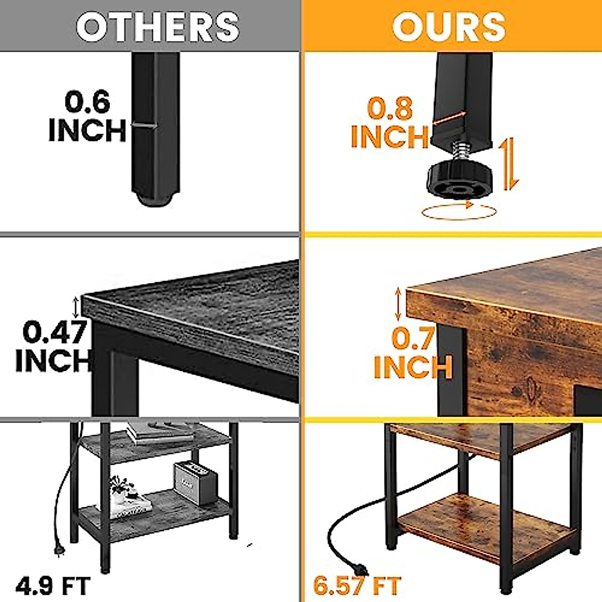 End Tables Set of 2 with Charging Station and USB Ports, 3-Tier Narrow Side Table Bedside Table with Power Outlets for Small Space Living Room Bedroom, Nightstands with Storage Shelves, Rustic Brown