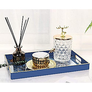 Zosenley Decorative Tray, Marbling Plastic Tray with Handles, Rectangular Vanity Tray and Serving Tray for Bathroom, Kitchen, Ottoman and Coffee Table, 15.6” x 10.2”, Blue