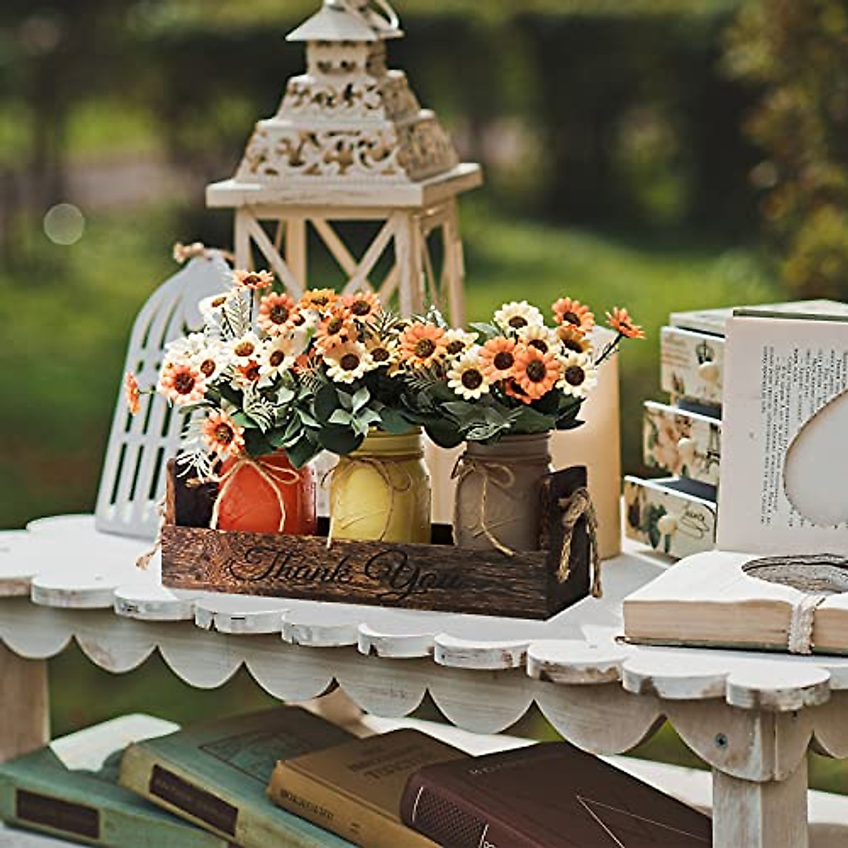 DUOER Mason Jar Centerpiece for Table Decorative Wood Tray with 3 Painted Jars Rustic Farmhouse Decor Centerpiece for Home Kitchen Dinning Living Room Decor,Brown