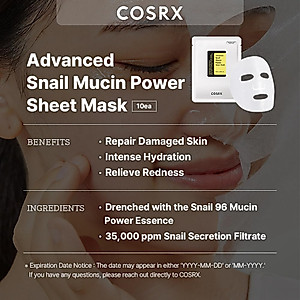 COSRX Snail Mucin Sheet Mask 10 EA with Snail Mucin Serum, Self Care, Face Masks for Dry, Sensitive Skin, Not Tested on Animals, No Parabens, No Sulfates, Korean Skin Care