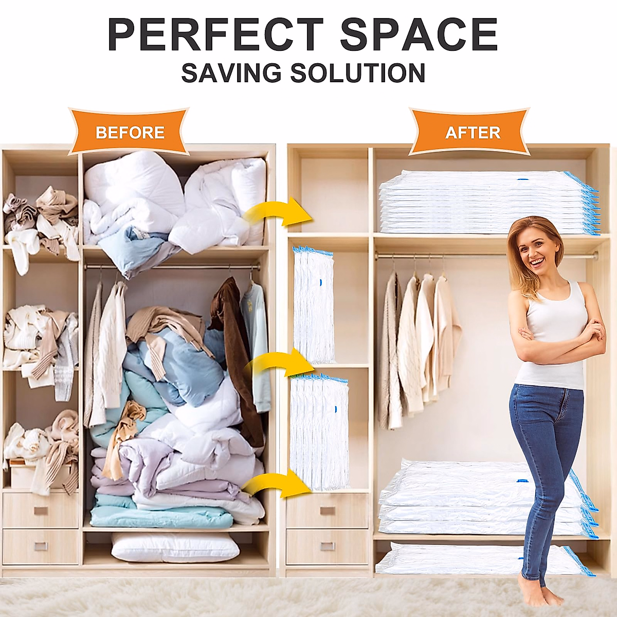 24 Pack Vacuum Storage Bags, Space Saver Bags, Compression for Comforters and Blankets, Plush Toy, Sealer Clothes Storage (5 Jumbo/5 Large/5 Medium/5 Small/4 Roll) Electric Vacuum Pump Included