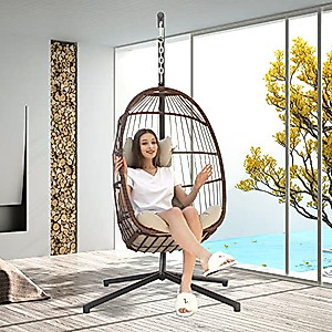RADIATA Foldable Wicker Rattan Hanging Egg Chair with Stand, Swing Chair with Cushion and Pillow, Lounging Chair for Indoor Outdoor Bedroom Patio Garden (Brown)