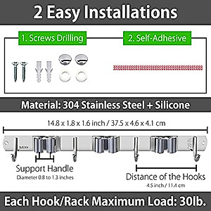 Garnen Mop and Broom Organizer (3 Racks 4 Hooks), Heavy Duty Broom Wall Mount Rake Holder Stainless Steel Tool Hanger for Home, Kitchen, Garage, Garden, Laundry Room, Bathroom Organization and Storage