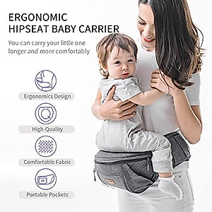 SUNVENO Baby Hipseat Carrier, Ergonomic Hip Seat Safety Infant Carrier for Mom Lightweight Certified Cotton Soft Carriers for Newborns, Toddlers, Grey