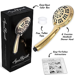 Aqua Elegante 6 Function Luxury Handheld Shower Head - Adjustable Pressure Rainfall Spray With Removable Nozzle, Polished Brass