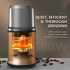 Electric Coffee Grinder with 1 Removable Cup, Adjustable Coffee Bean Grinder for Beans, Spice, Herb, Nut, Flax Seed, 300W Powerful Electric Spice Grinder with Non-Slip Feet, Clear Lid, Stainless Steel