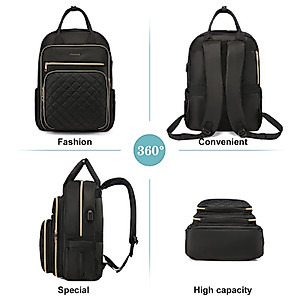 LOVEVOOK Laptop Backpack for Women, 17.3 Inch, Water Resistant, Lightweight, USB Charging, Quilted Commuter Backpack, Black