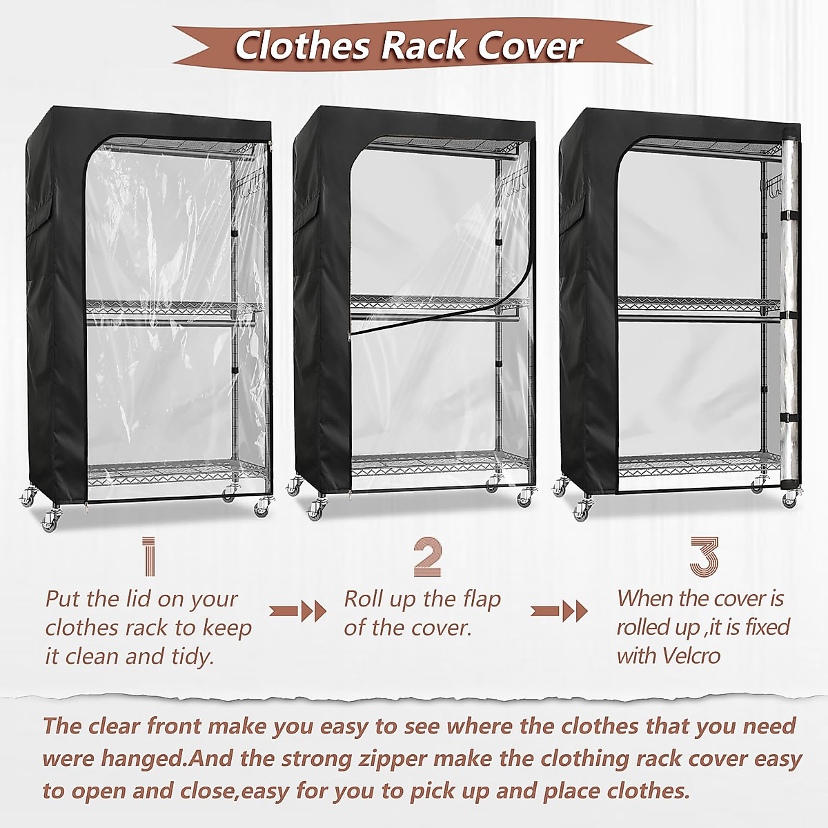Rileytee Clothes Rack Cover,600D Heavy Duty Waterproof Clothing Racks Cover,Garment Rack Cover for Rolling Wardrobe Storage Rack with Zipper(Clear Front,45"W X 17.7"DX 80.3"H,Cover Only)