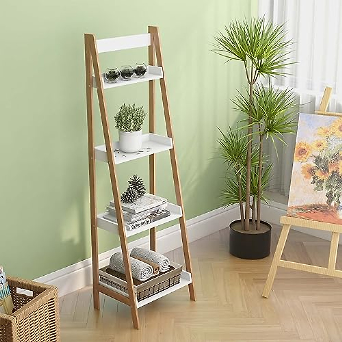 Heliosphere 4-Tier Ladder Bookcase with Solid Bamboo Frame, Versatile Wood Oxford “A” Frame Ladder Display Bookcase with 4 Open Shelves, Display Bookshelf for Home Office Living Room (White2)