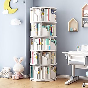 Rotating Bookshelf Tower, 4/5 Tier Circular Bookshelf for Kids&Adults, 18 in Wood 360° Floor Standing Book Storage Rack, Spinning Bookshelf Tower for Classroom Playroom Study Bedroom (White, 1-5)