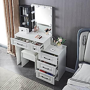 31.5'' Wide Vanity Table Set with Stool and Mirror, Makeup Vanity Desk with Lights, Dresser with Drawers for Bedroom, White