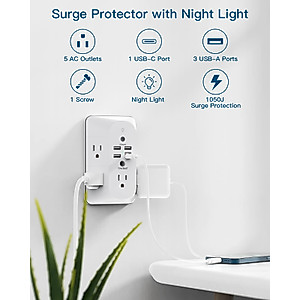 Outlet Extender with Night Light, Surge Protector, Power Strip, 5 Outlet Splitter (3 Side) and 4 USB Charger(1 USB C), USB Wall Charger, Multi Plug Outlets for Home, Office, Dorm Room Essentials