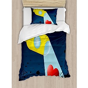 Ambesonne Yellow Submarine Duvet Cover Sets, Illustration of a Underwater Submarine Finding a Heart Romance Image, Bedding Set with 2 Duvet Covers & 4 Pillowcases, 2 Pack Queen Size, Yellow Dark Blue