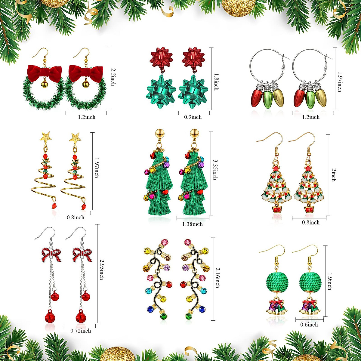 9 Pairs Christmas Earrings Holiday Earrings Christmas Tree Ball Snowflake Candy Bow Dangle Earrings Set for for Women(Tree Style)