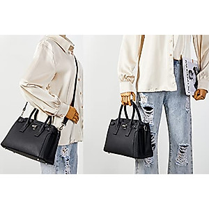 Leather Satchel Handbags For Women Medium Top Handle Shoulder Purse With Straps (Black)