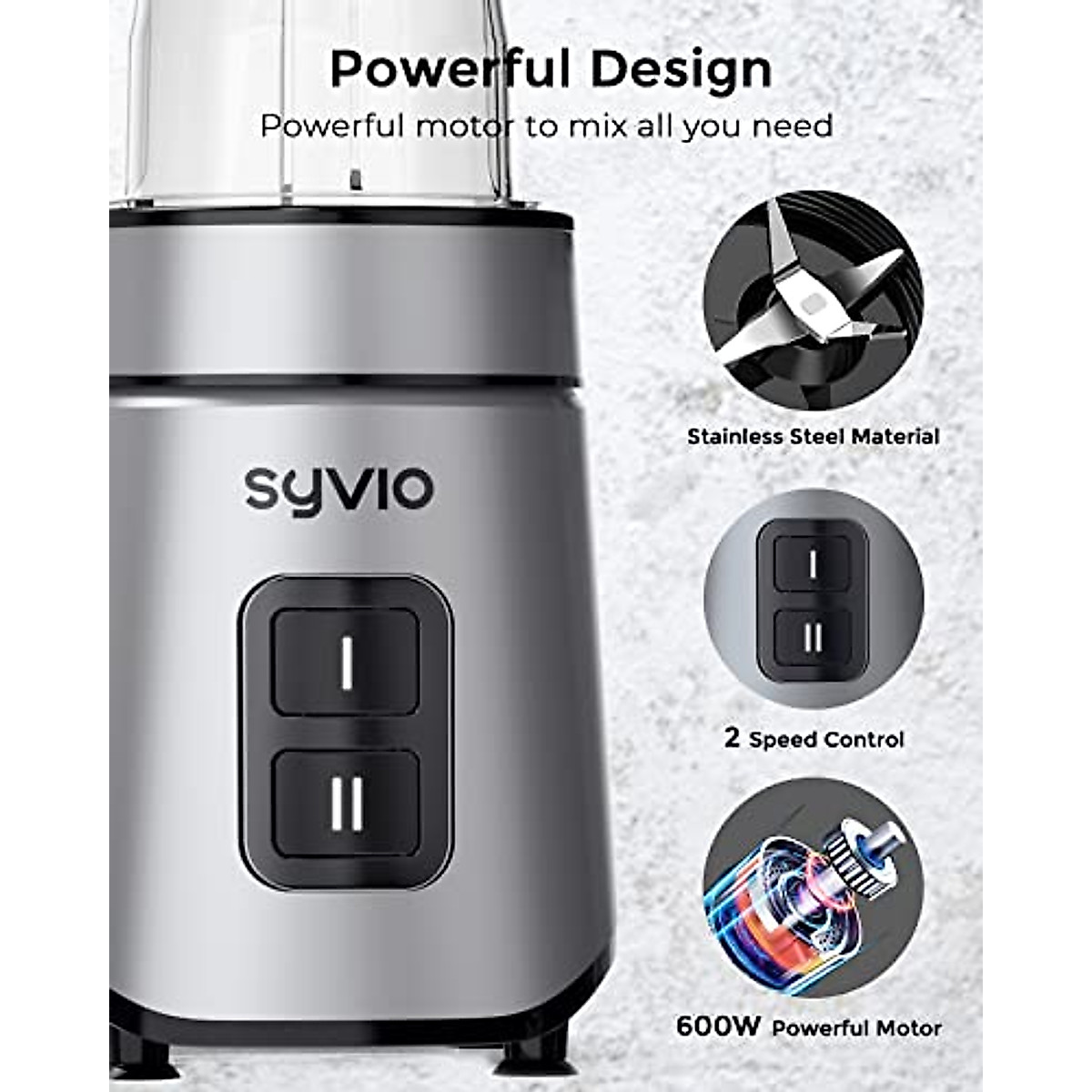 Syvio Blender for Shakes and Smoothies, 600W Personal Blender, Smoothie Blender with 2 BPA-Free 20 Oz Sport Cup, 2 Party Mugs, 1 * 10 Oz short cup,Easy to Clean
