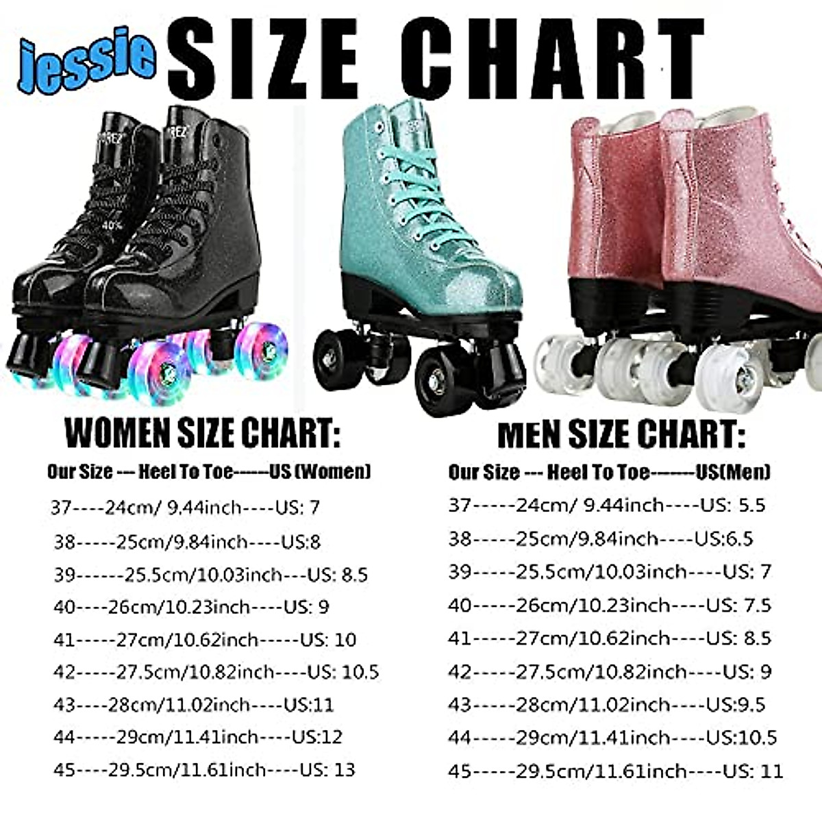 Roller Skates for Men, Women,Shiny Light Up Roller Skates for Beginner,Outdoor and Indoor Four Wheels High-Top Roller Skates (Black Crystal,Flash Wheel,37)