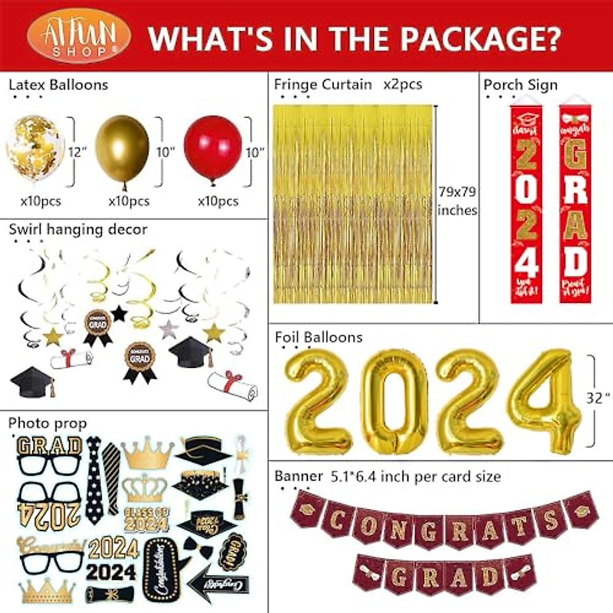 Graduation Party Decoration 2023 73PCS 32" Red Gold Graduation Party Supplies Congrats Grad Banner Porch Sign Swirls Confetti Balloon Foil Fringe Curtains Backdrop Photo Booth Props Class of 2023