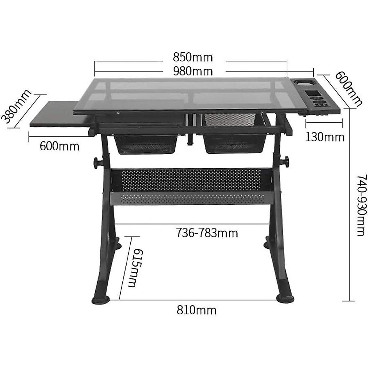 XiVue Drafting Table with Storage, Height Adjustable Tiltable Art Desk, Glass Panel Drawing Desk, for Work Study Painting Craft Table