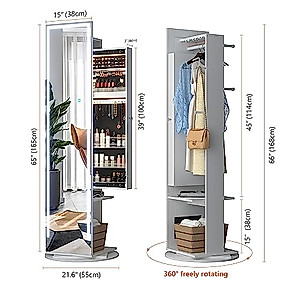LVSOMT 360°Swivel Full-Length Mirror Jewelry Cabinet Armoire, Touch Screen Full Body Mirror with Jewelry Storage, Large Floor Jewelry Organizer for Bedroom, w/Coat Rack, Shelves(White)