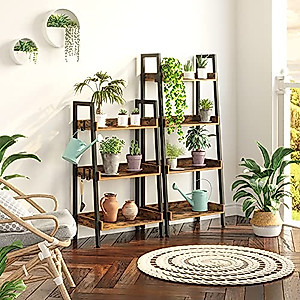Rolanstar Bookshelf, 4 Tier Ladder Bookshelf with 3 Hooks, Industrial Bookcases, Freestanding Display Plant Shelves with Metal Frame for Living Room, Rustic Brown