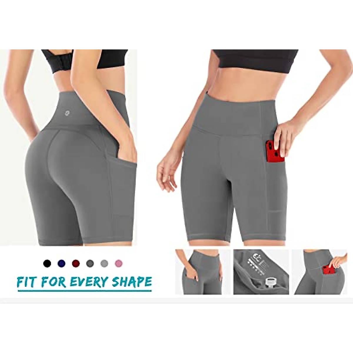 Ewedoos Biker Shorts Women Tummy Control Workout Shorts with 3 Pockets High Waisted Compression Gym Running Yoga Shorts Women Gray