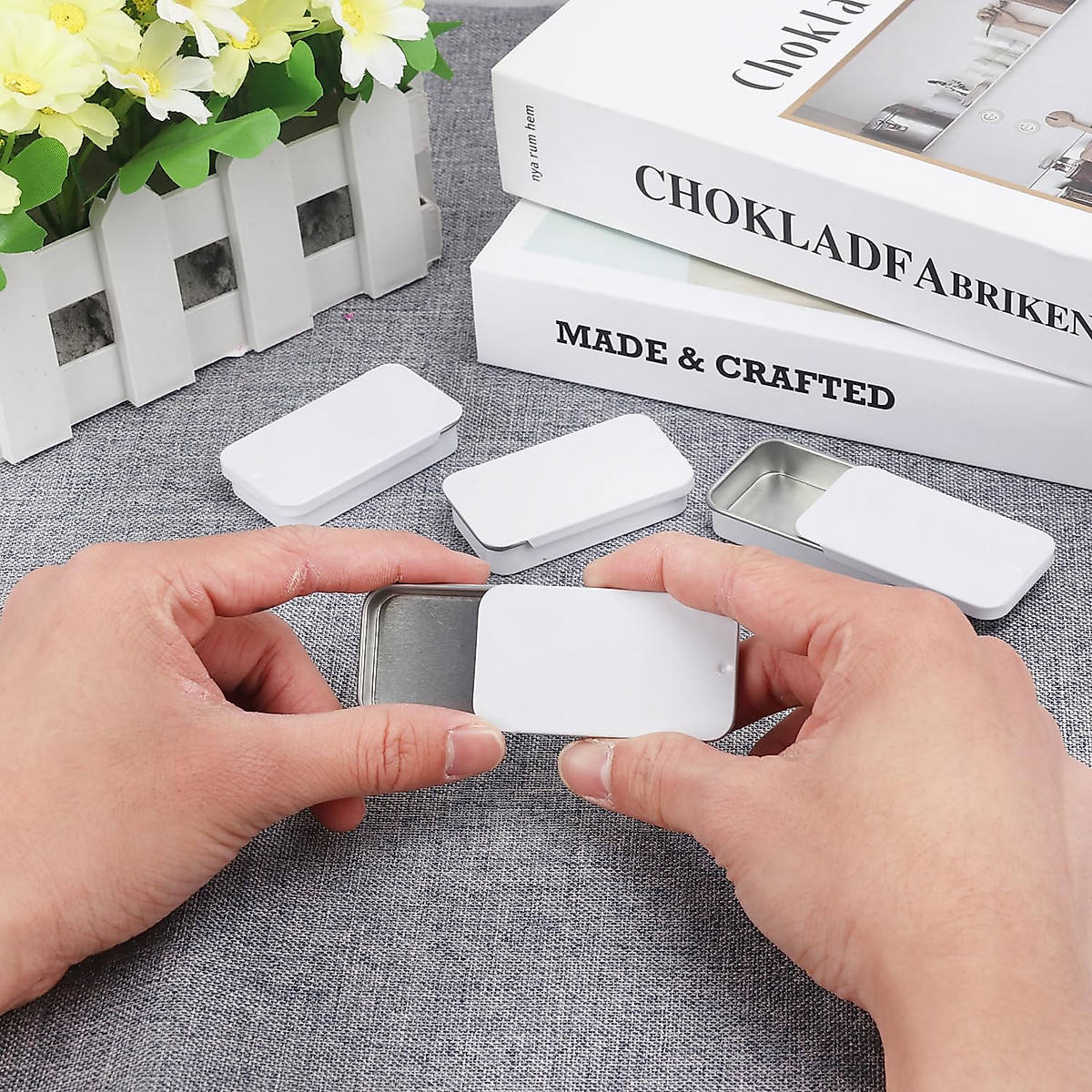 GENHAKON 50 PCS 2.36X1.3X0.43 Inch, Slide Top Tin Containers for Lip Balm, Rectangular Metal Tin Box with Sliding Lid for Small Items, Such as Candy, Charging cable, Pills, Earring, Jewelry, Etc