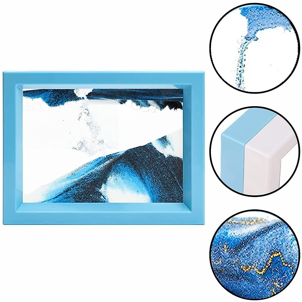 FUNJIA Moving Sand Art Picture, 3D Deep Sea Sandscape in Motion Display, Flowing Sand Art Decor for Sensory Calming Fidget, Desktop Home Office Work Decor (Blue)