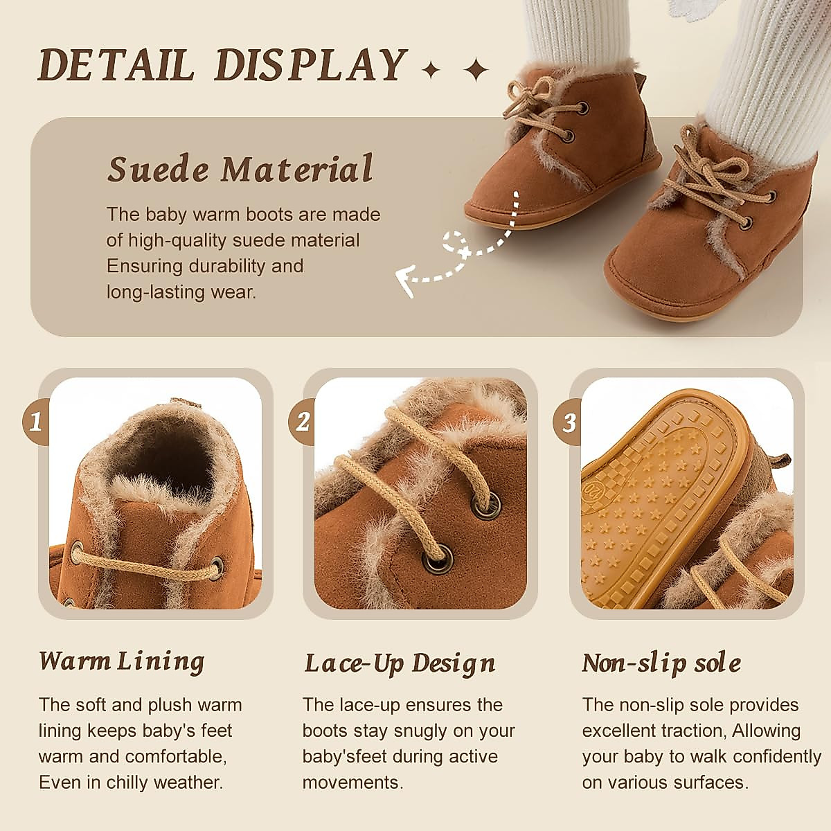 Zoolar Baby Unisex Warm Snow Boots Newborn Leather Fur Lace Up Ankle Anti-Slip Rubber Texture Sole Toddler Prewalker Winter Crib Shoes