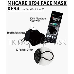 [30 Pack] Black Disposable KF-94 Face Mask, Individual Pack, Made in Korea, Disposable, Nose Mouth Covering Dust Face Mask, Adjustable Strap, Unisex Adult, 3D Ergonomic Design