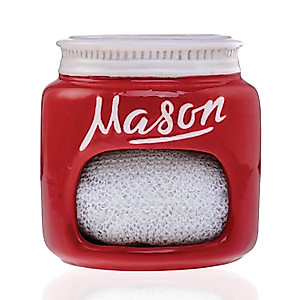 Red Ceramic Mason Jar Kitchen Sponge Holder – Farmhouse Kitchen Decor Sponge Caddy - Kitchen Sink Organizer Ceramic Sponge Holder - Kitchen Organizer Retro Decor for Cute Kitchen Accessories (Red)