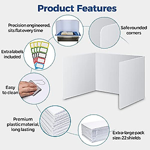 22 Pack Classroom Privacy Shields for Student Desks - Easy to Clean Plastic Sneeze Guard Folder Desk Divider Study Carrel - Classroom Materials for School Teachers - Includes Extra Labels