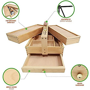 Mont Marte Multi-Purpose Wooden Art Box. 3 Layers of Storage for Organizing Art Supplies. Features a Leather Carry Handle for Easy Transport