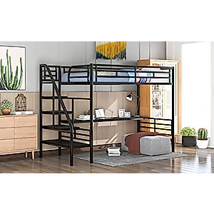 Epinki Metal Loft Bed Frame with Desk, No Box Spring Needed, Twin, Black, Bed Frame, Easy Assembly