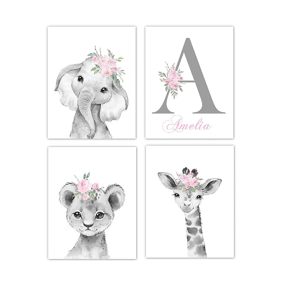 Baby Girl Nursery Wall Art Pink Floral Safari Animals Elephant Giraffe Lion Room Decor 4 UNFRAMED PRINTS