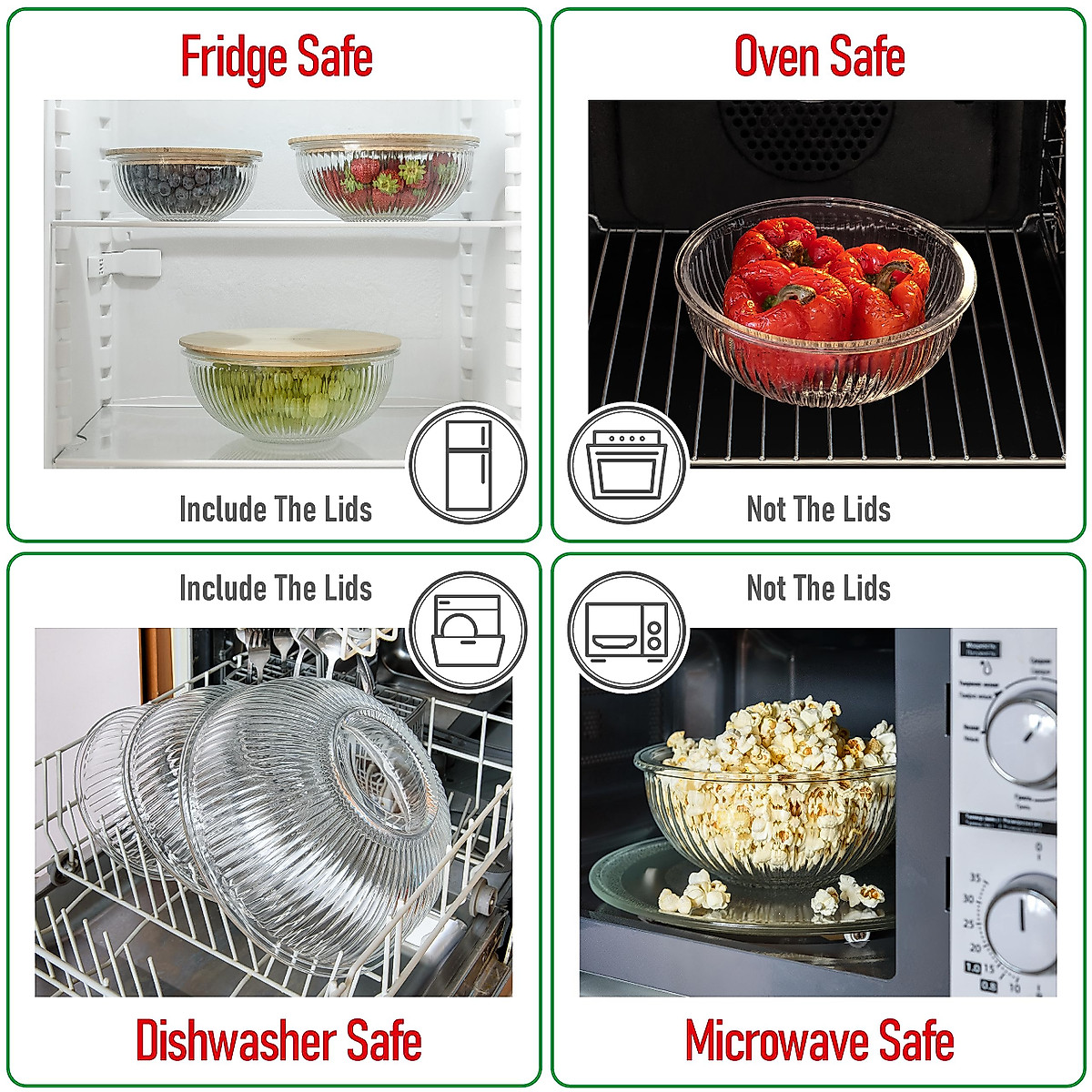 dokaworld Stackable Space-Saving Nesting Set of 3 Glass Bowls with Bamboo Lids for Foodprep, Storage, Mixing & Cooking - Microwave & Oven Safe BPA Free Durable Heat Resistant Inert Borosilicate Glass