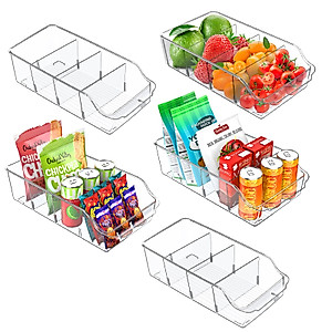 Plastic Pantry Organization and Storage Bins with Dividers, 5 Pack Plastic Clear Storage Bins for Storing Snacks, Seasoning, Pouches, Refrigerator Organizer Bins, Cabinet Organizers, Snack organizer