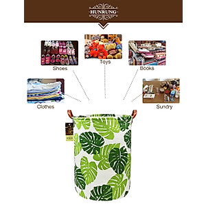 HUNRUNG Laundry Hamper,Large Canvas Fabric Lightweight Storage Basket Toy Organizer Dirty Clothes Collapsible Waterproof for College Dorms, Children Bedroom,Bathroom (Round Leaf)